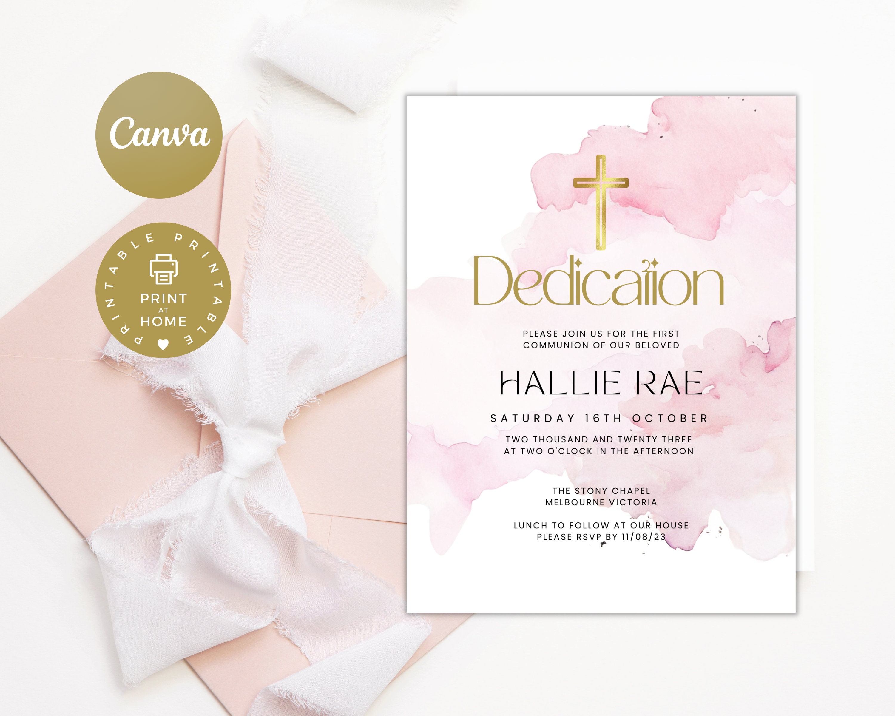Dedication Invitation for Girls, Blush Pink and Gold Watercolor Invite ...