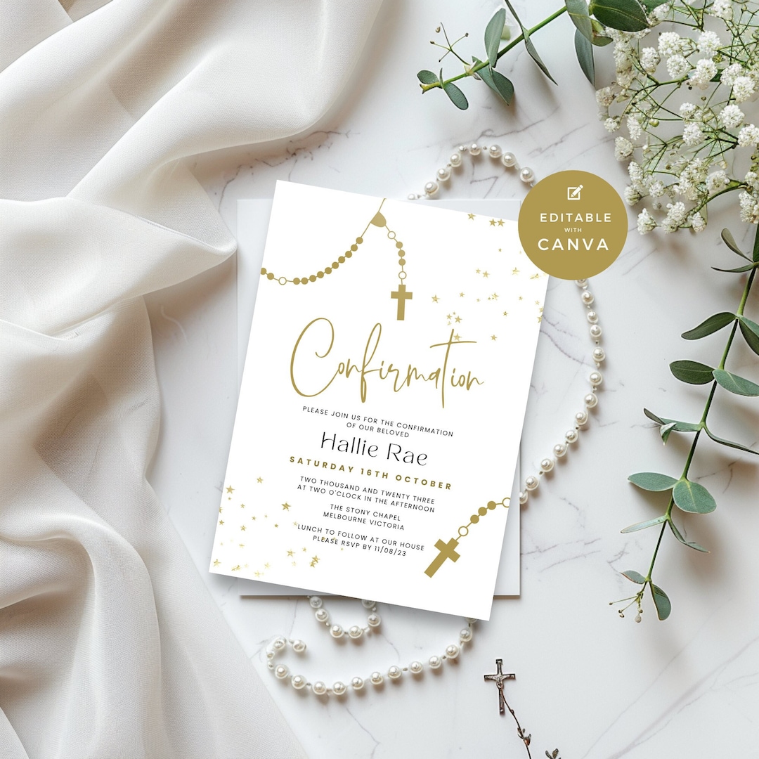 Confirmation Invitation Catholic, Rosary Design in Gold and White, for ...