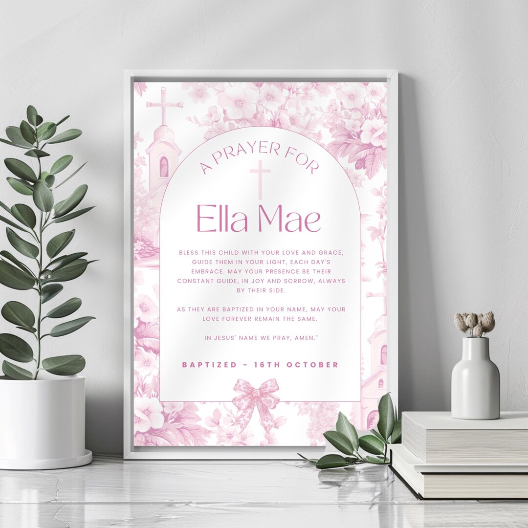 Baptism Prayer Sign, Printable and Editable Decor for Girl, Pink Toile ...