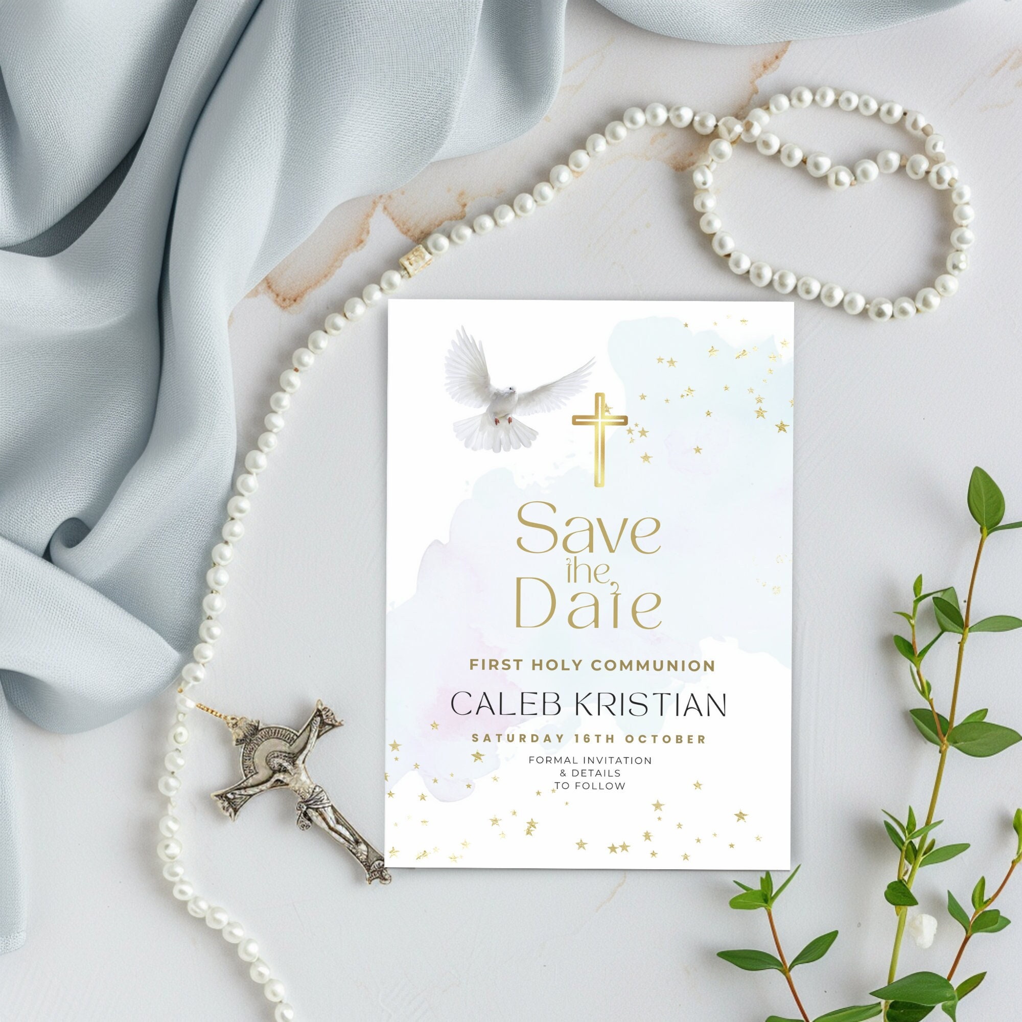 Save the Date First Holy Communion Invitation, Boys Blue Invitation and ...