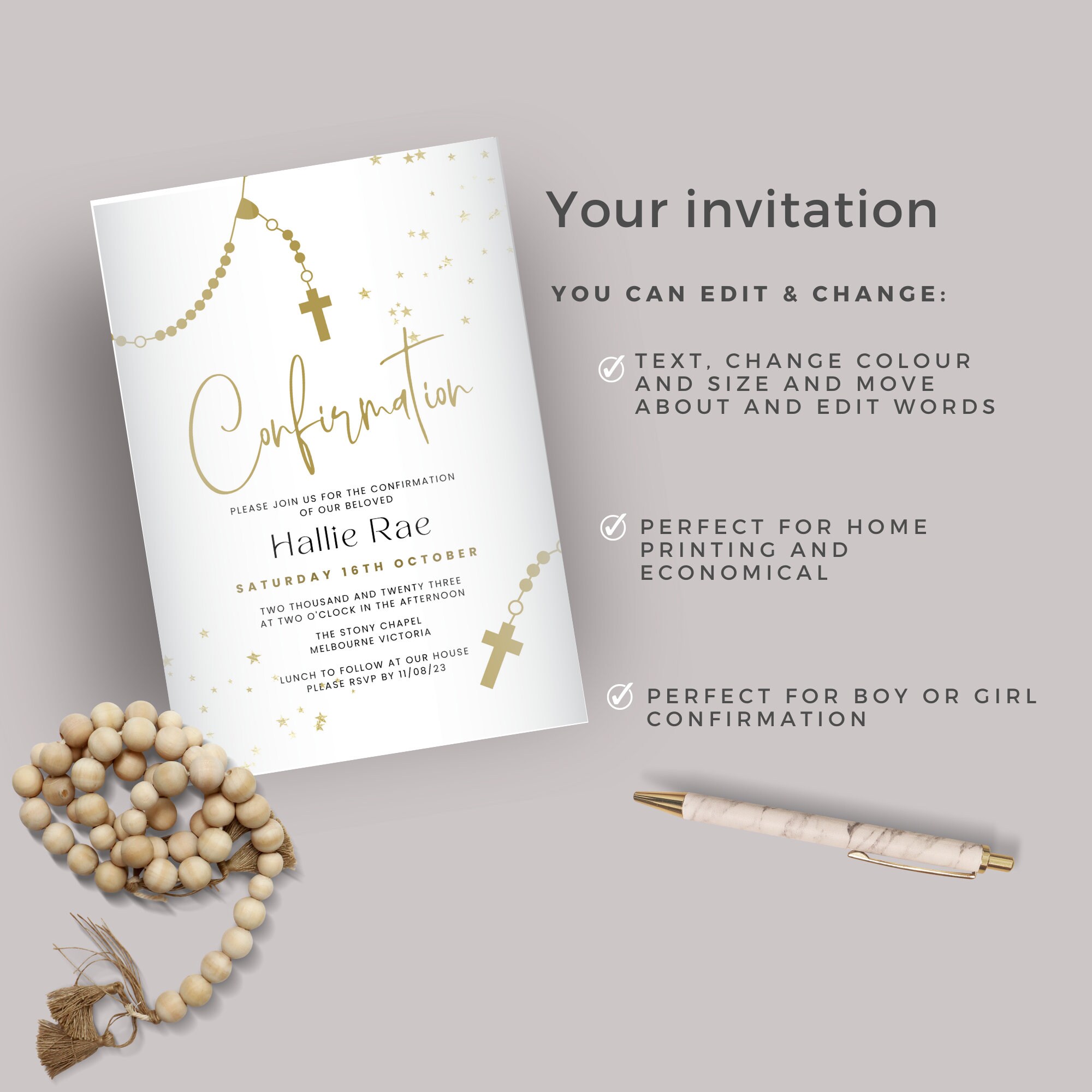 Confirmation Invitation Catholic, Rosary Design in Gold and White, for ...