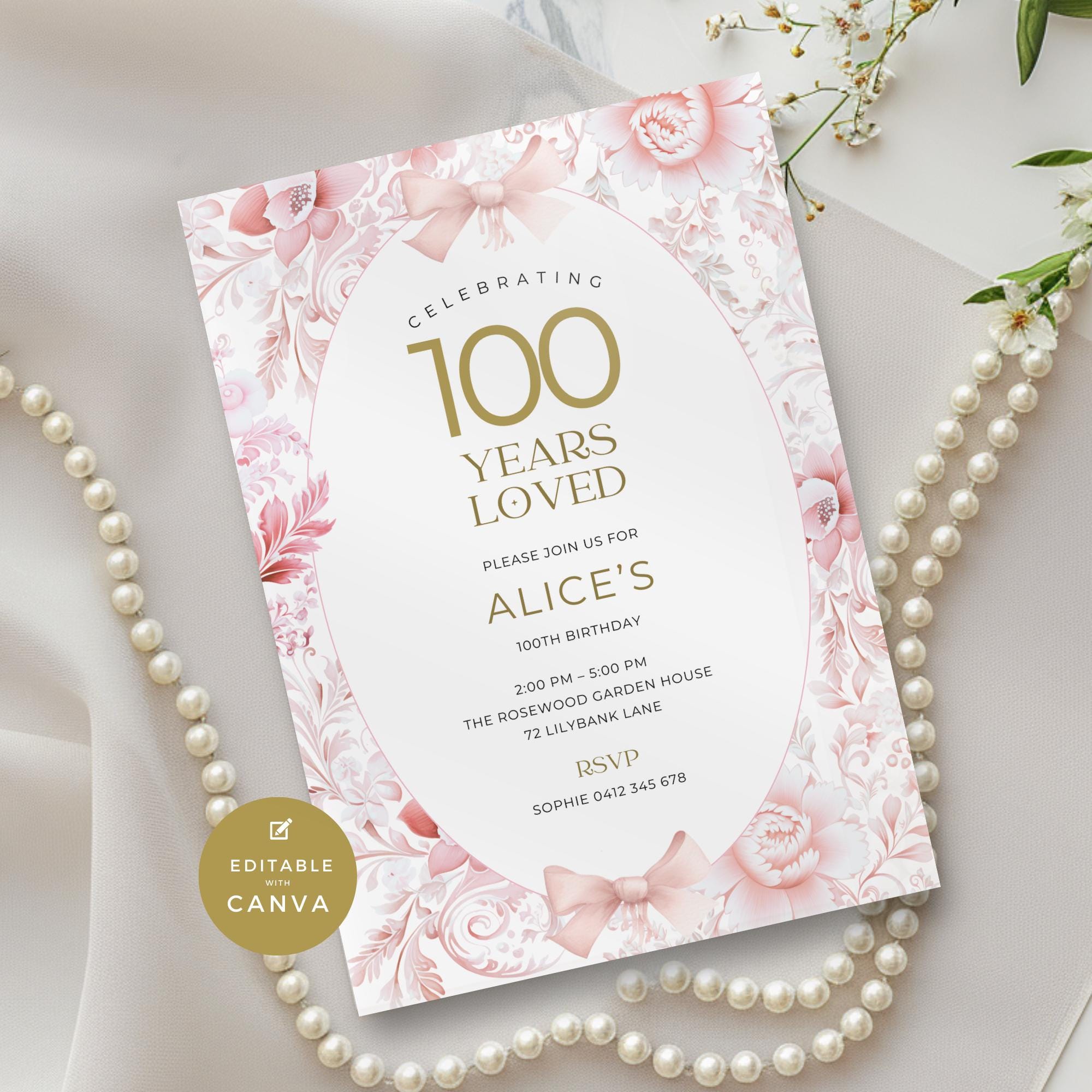 100th Birthday Invitation for Women, 100 Years Loved Birthday Invite ...