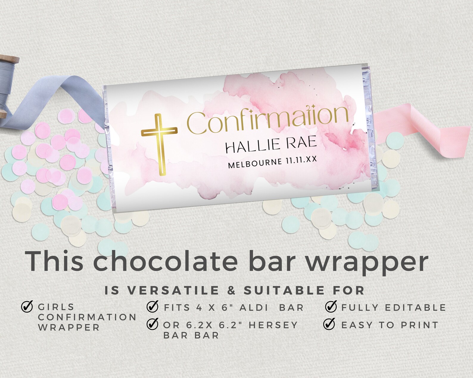 Pink Confirmation Candy Bar Wrapper, Watercolour, Girl, Hershey ...