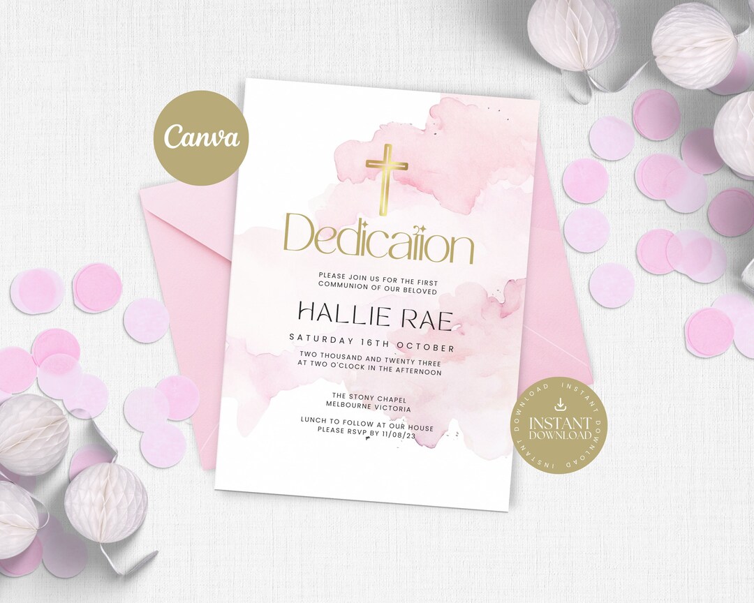 Dedication Invitation for Girls, Blush Pink and Gold Watercolor Invite ...
