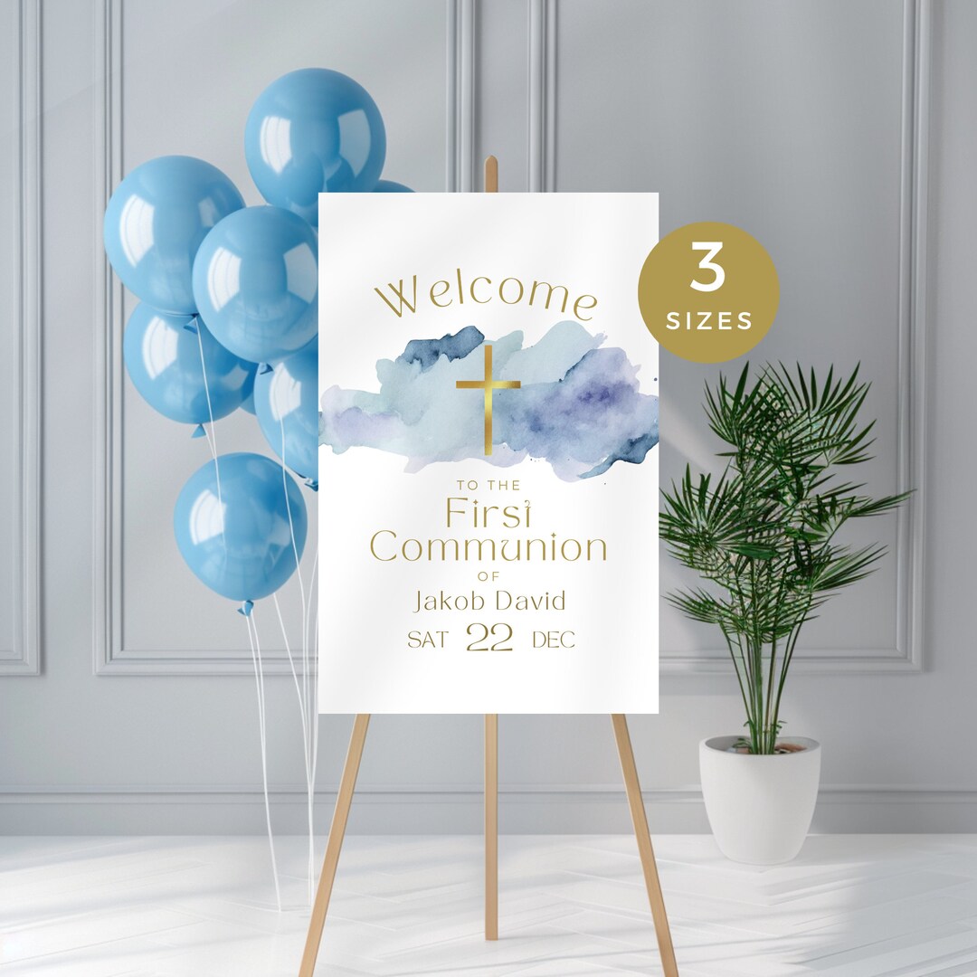 First Communion Welcome Sign Boy, Navy and Gold Decoration Signs for ...