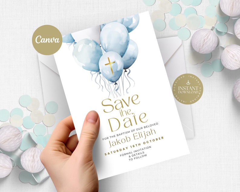 Save the Date Baptism Invitation, Boy, Blue and Gold, Balloons ...
