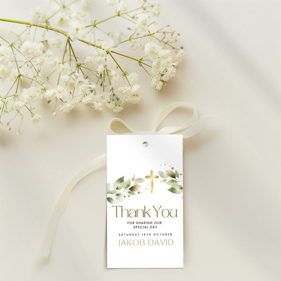 Baptism Favors Tags Greenery, Editable and Printable, Christening, Holy ...