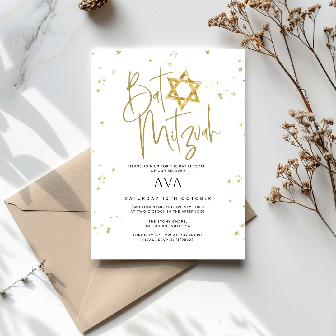 Bat Mitzvah Invitation for Boy or Girl, Star of David, Jewish Digital ...