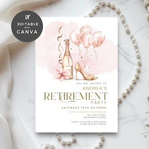 Retirement Party Invitation for Women, Modern Pink & Gold Champagne and ...