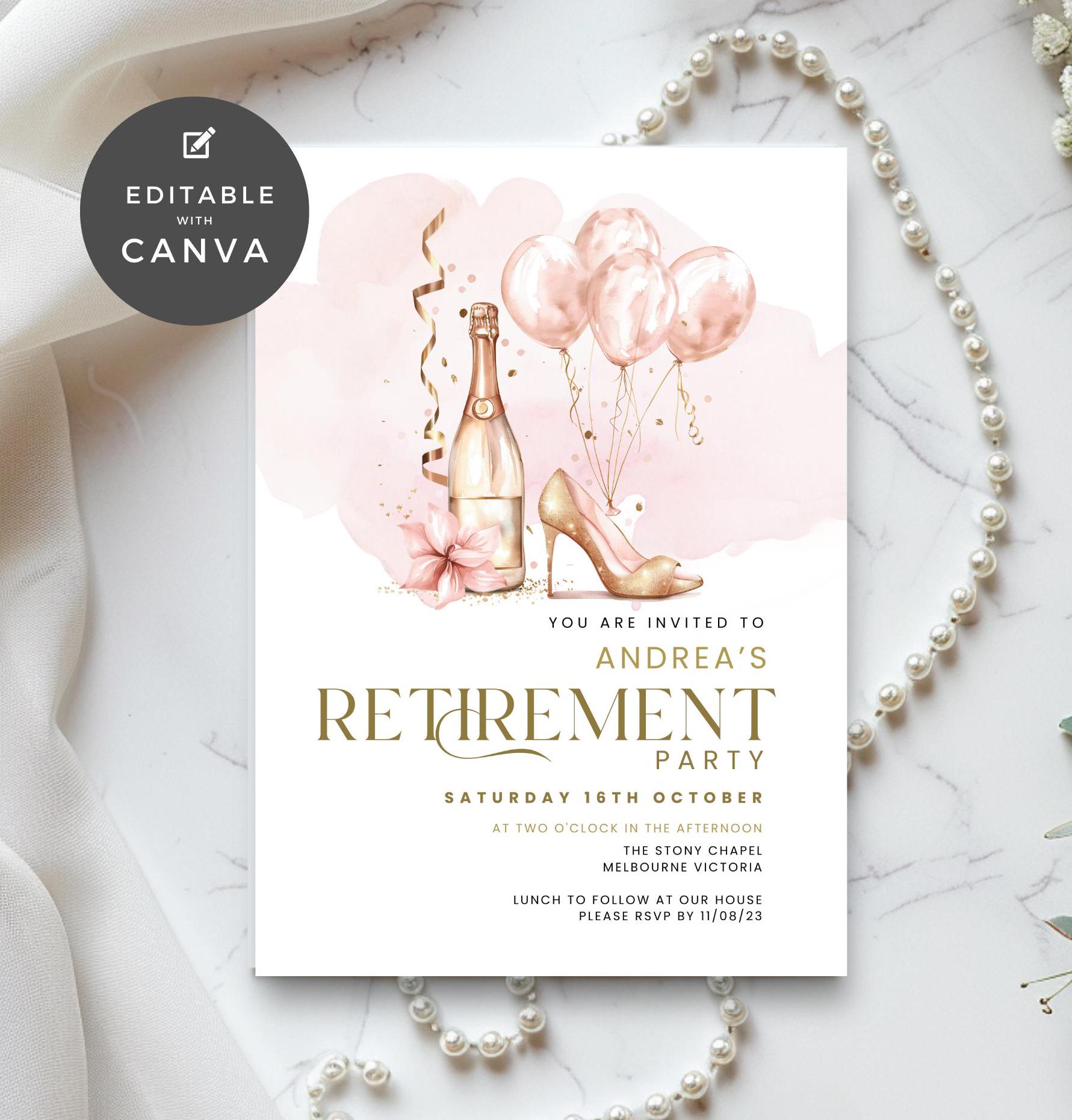 Retirement Party Invitation for Women, Modern Pink & Gold Champagne and ...