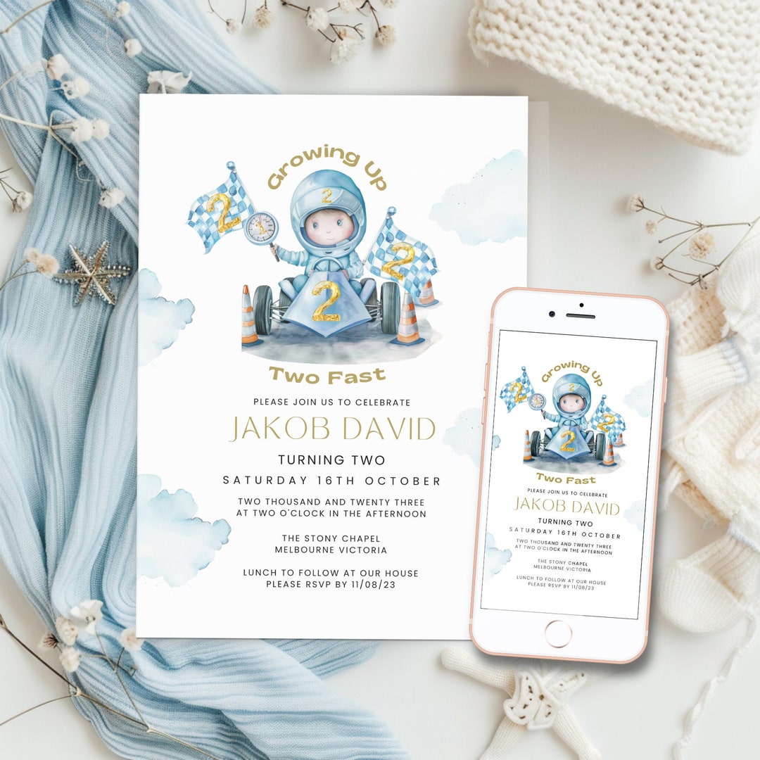Two Fast Two Curious Birthday Invitation, Little Racer Boys 2nd ...