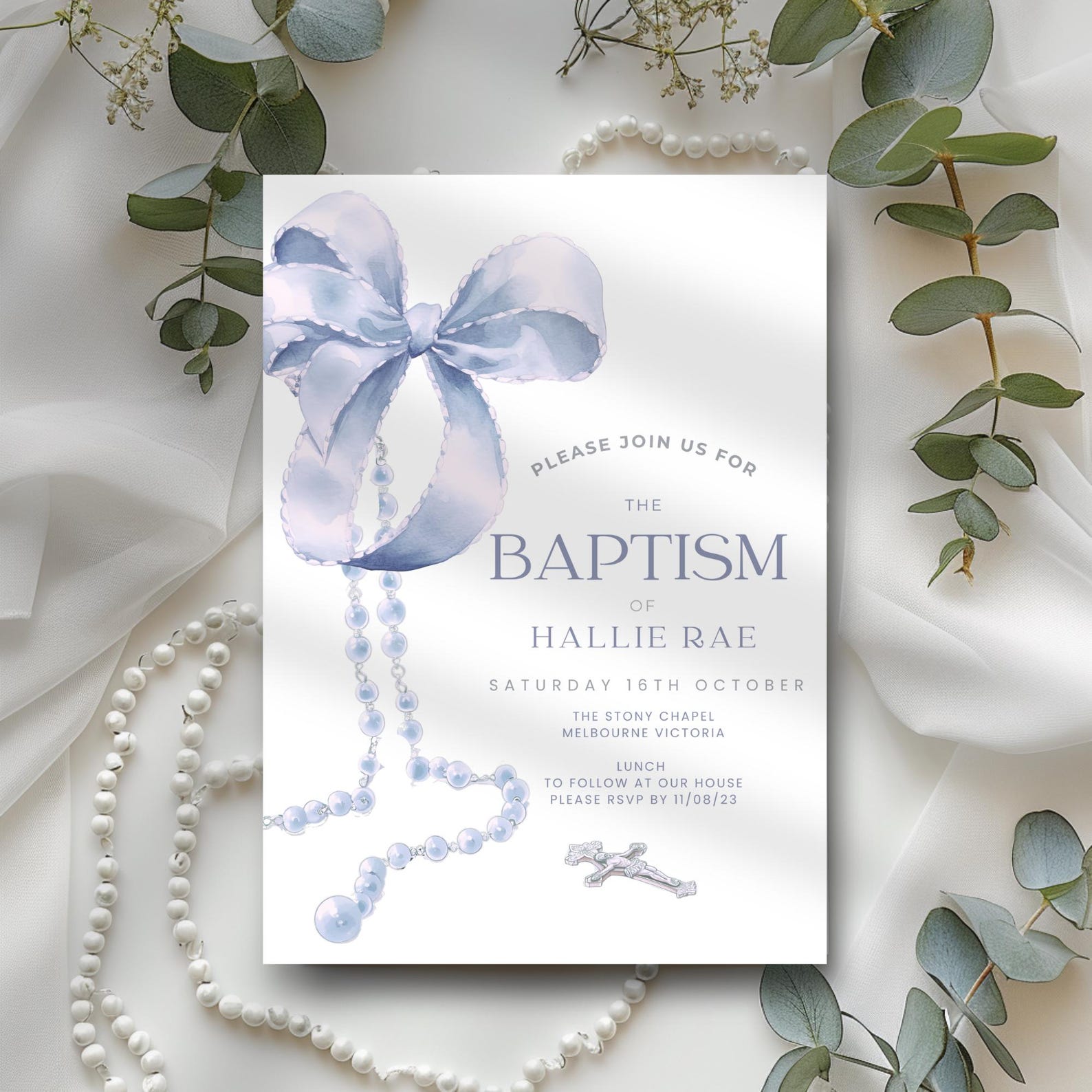 Baptism Invitation for Boy, Modern Blue Croquette Bow Design ...