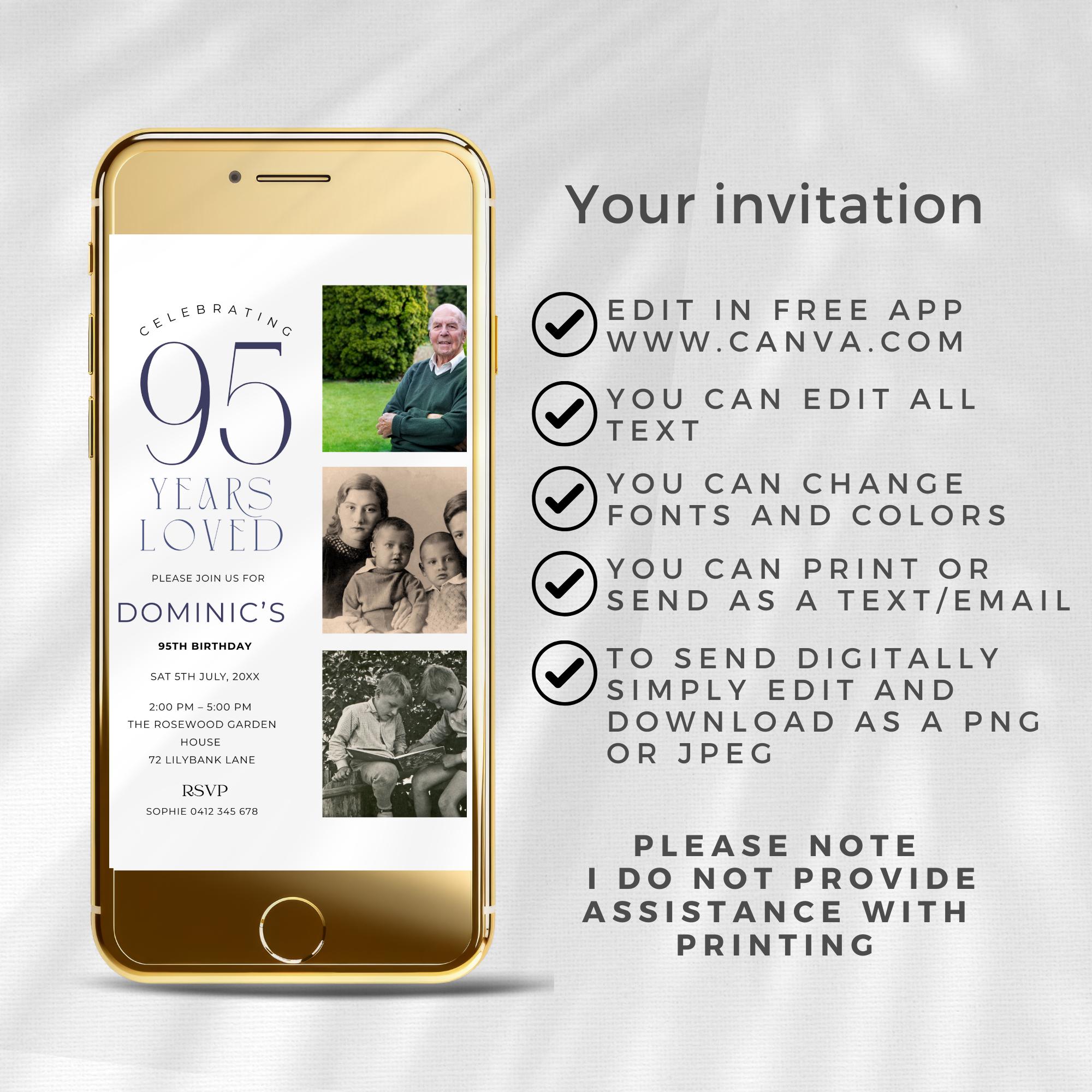 95th Birthday Invitation Digital, Modern, Minimal Years Loved Party ...