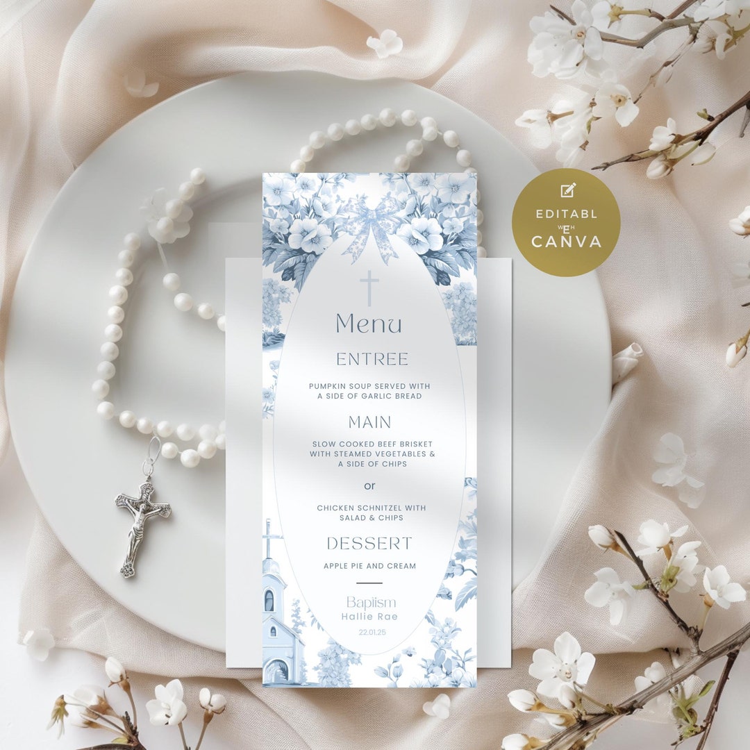 Baptism Dinner Menu, Blue Toile Christening Table Decor, Menu Card ...