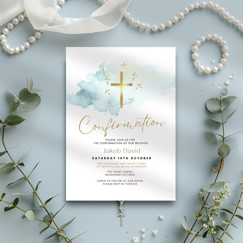 Confirmation Invitation for Boys, Catholic Invite Blue, Editable ...