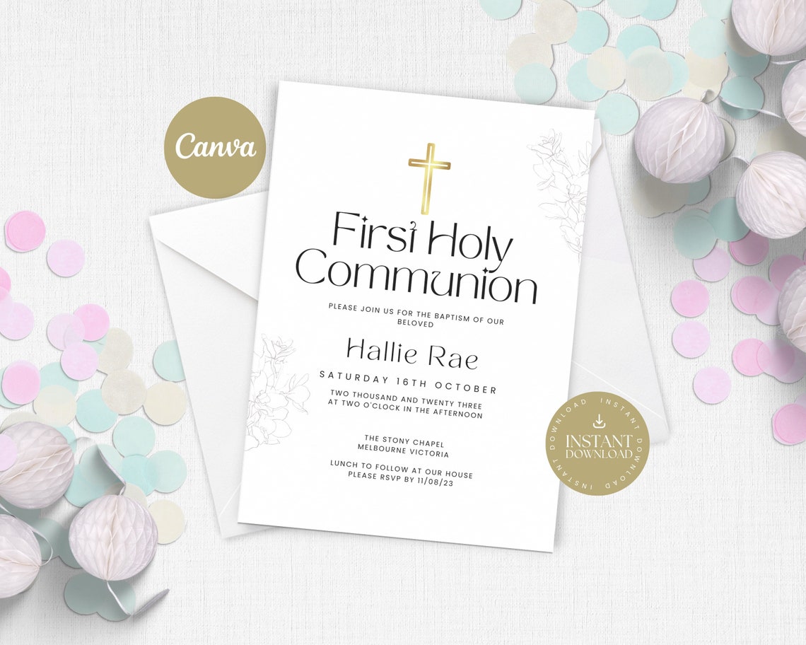 Editable First Holy Communion Invitation, for Boy or Girl, Minimal 1st ...