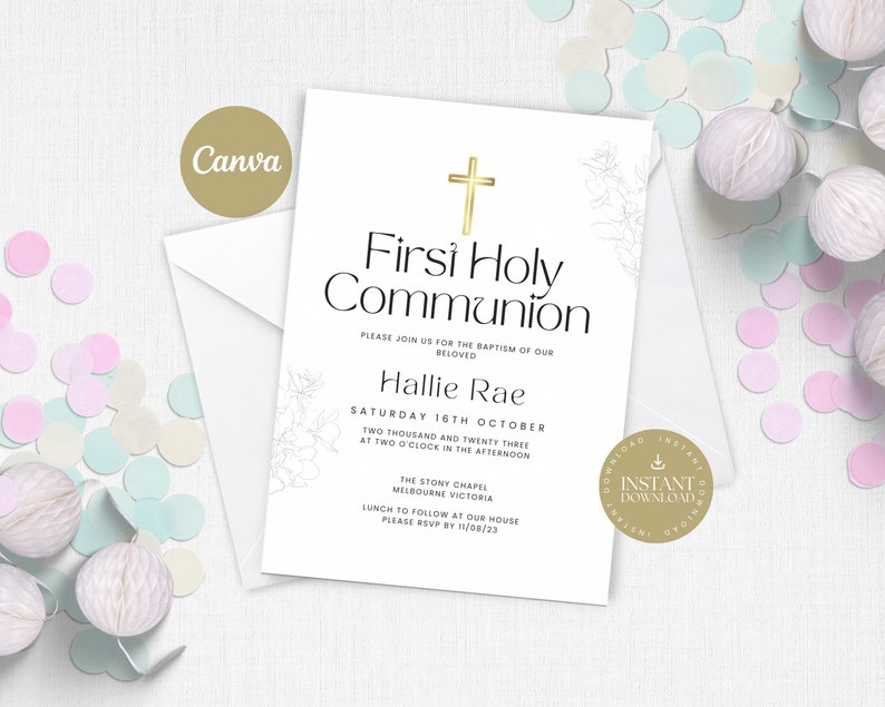Editable First Holy Communion Invitation, for Boy or Girl, Minimal 1st ...