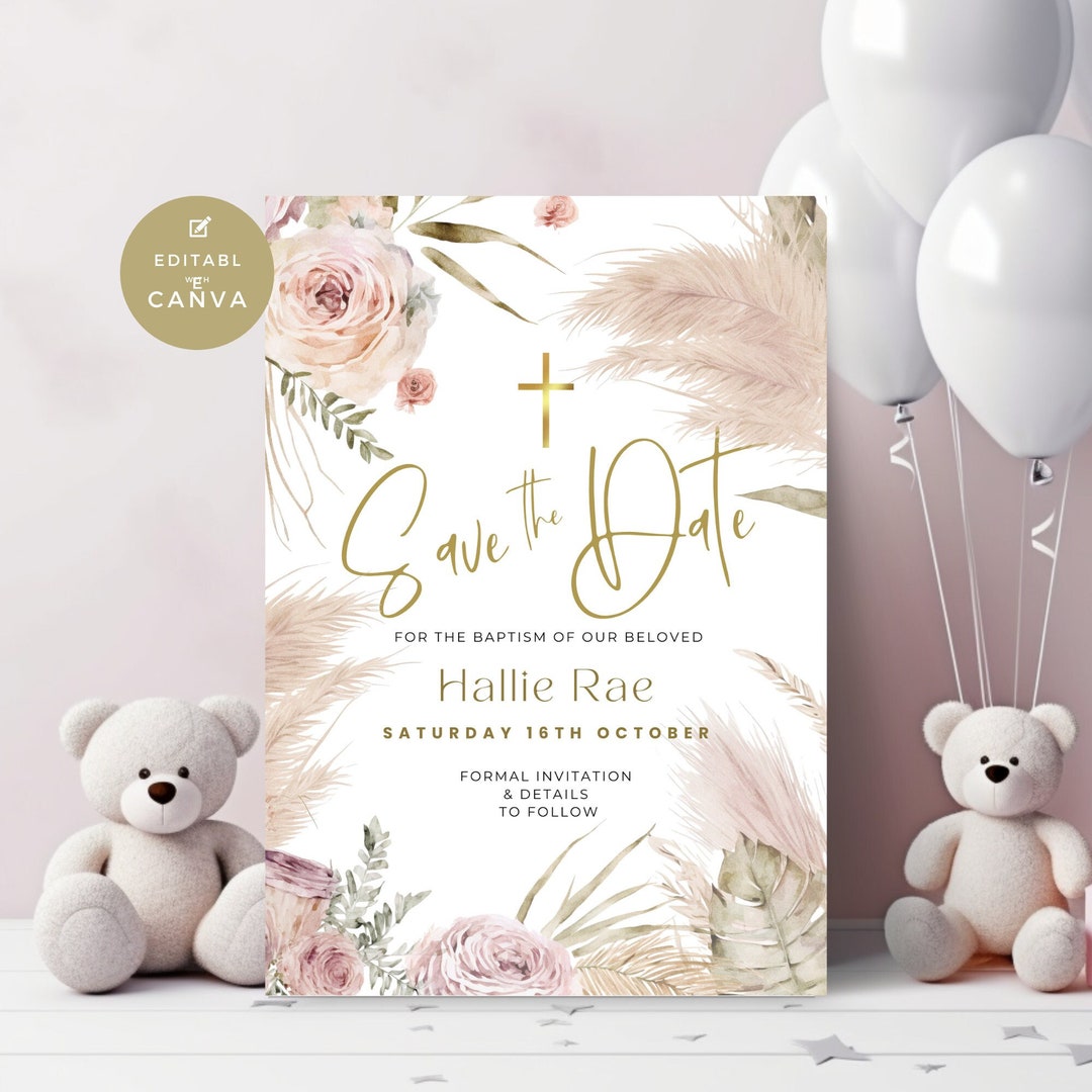 Save the Date Baptism Card, Boho, Pampas Grass Invitation, Pink Floral ...