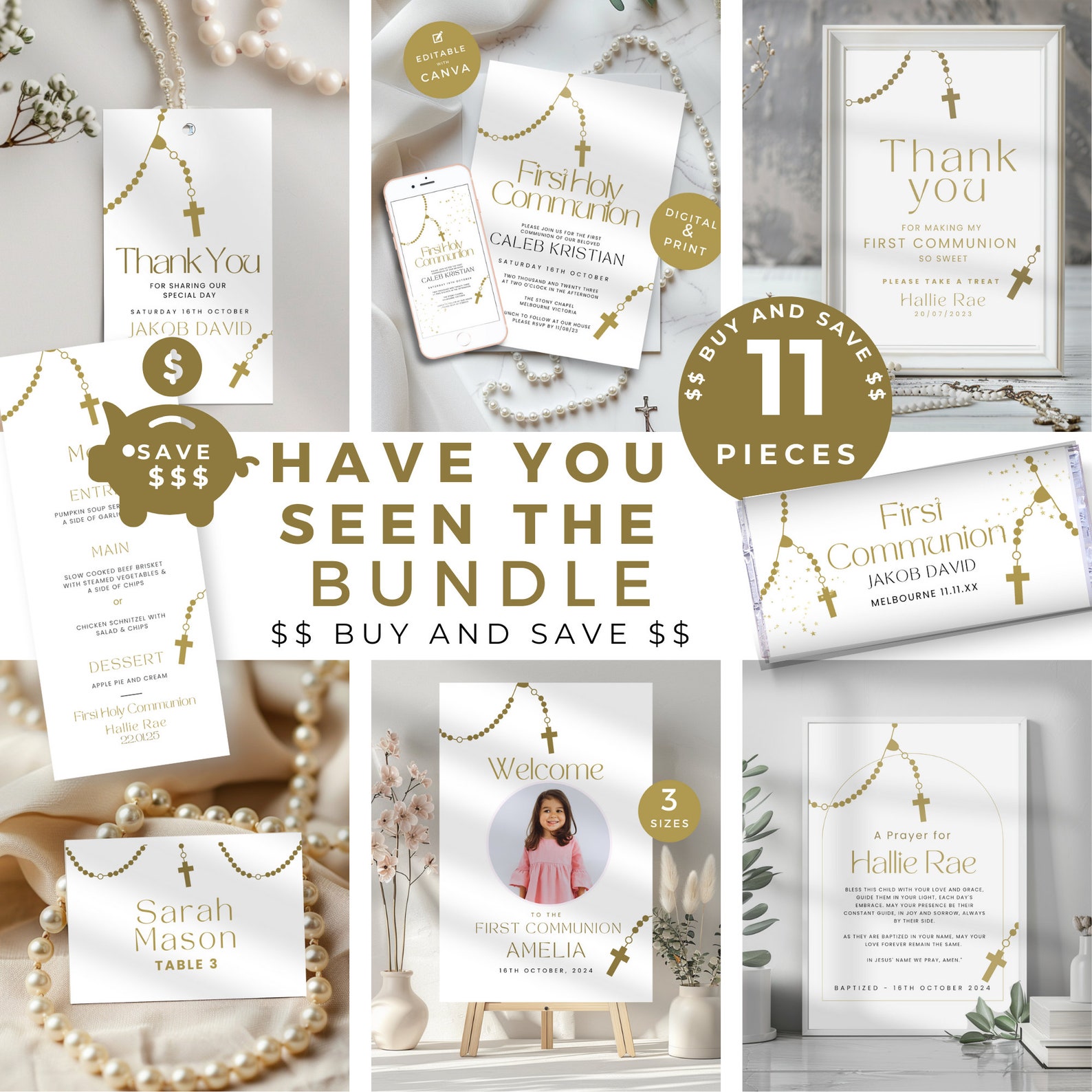 Save the Date First Holy Communion Invitation, Girl or Boy Rosary ...
