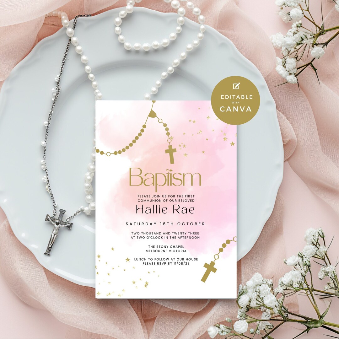 Rosary Baptism Invitation for Girl, Blush Pink Watercolor, Digital ...