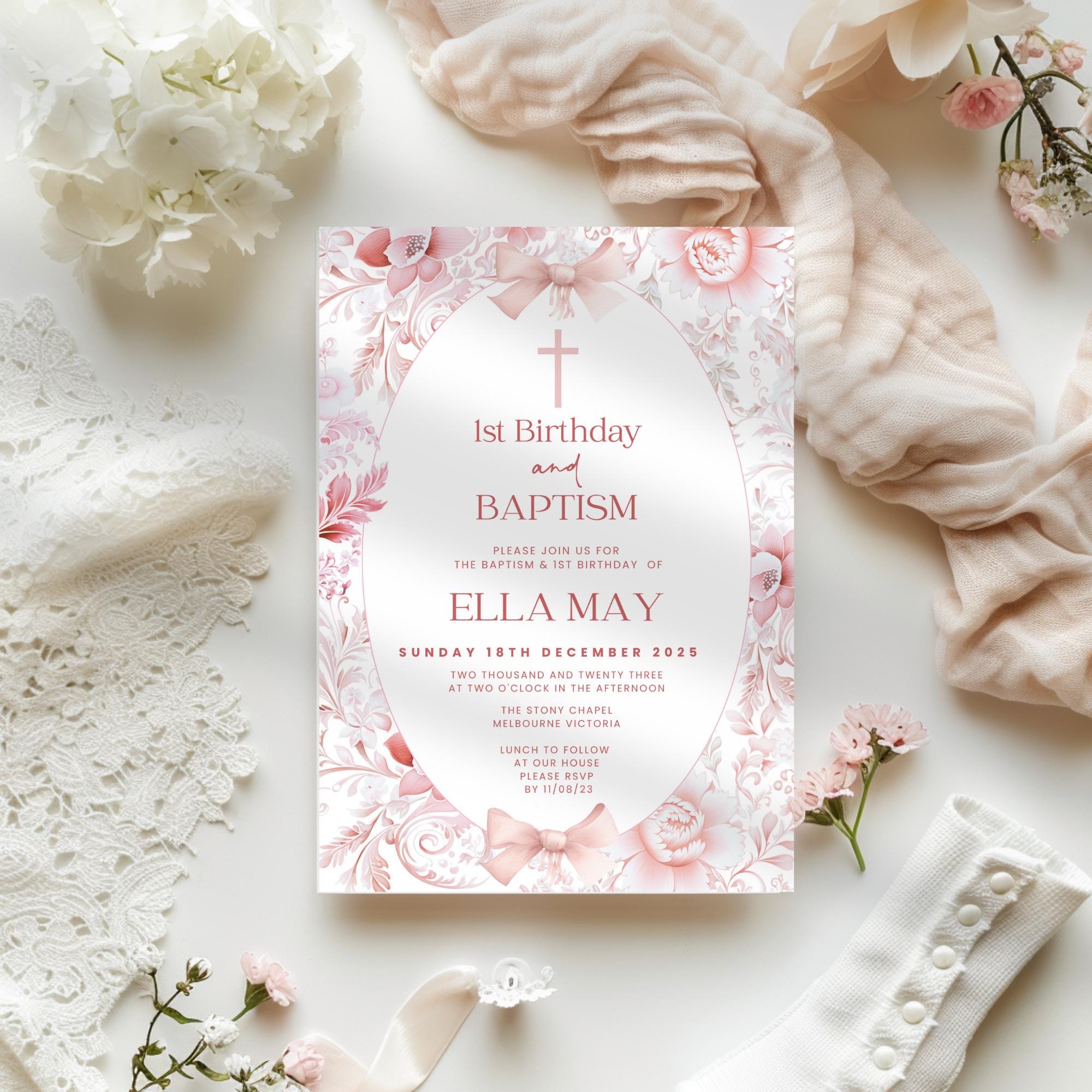 Toile De Jouy Baptism And 1st Birthday Invitation For Girl Dusty Pink