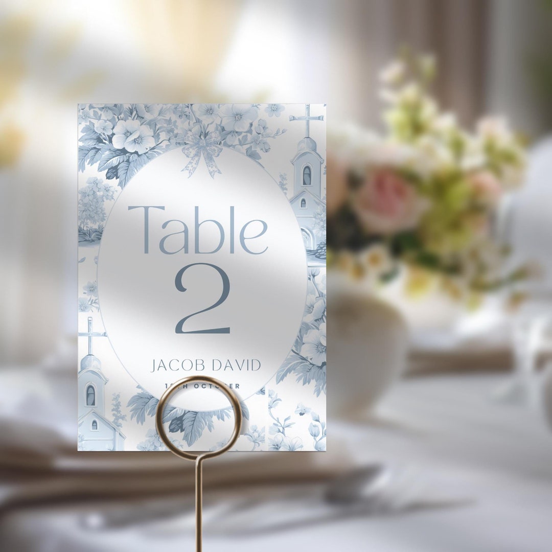 Baptism Table Number, Blue Toile Printable Table Decoration for ...