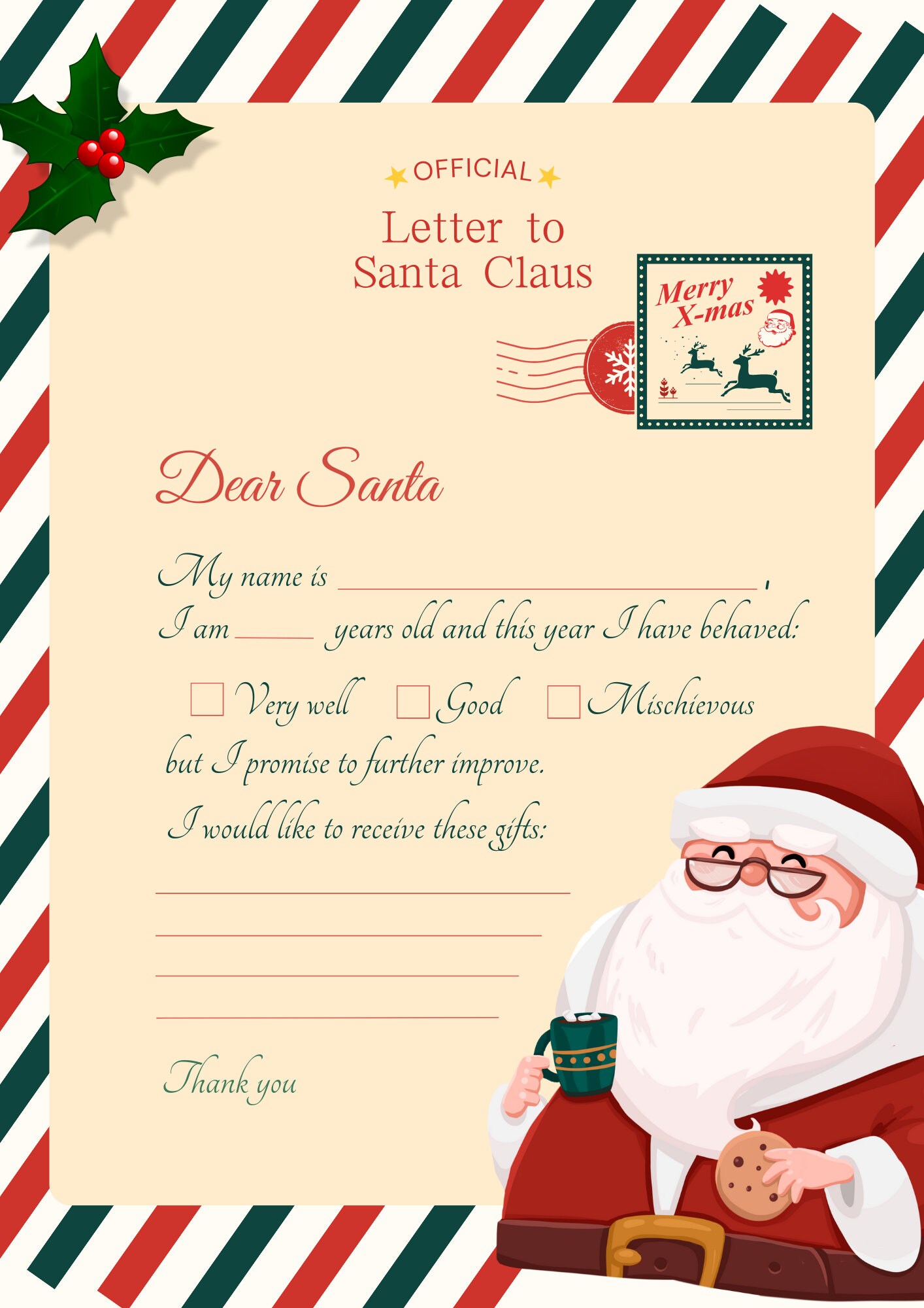 Letter to Santa PRINTABLE / Kids Letter to Santa / Santa Letter ...