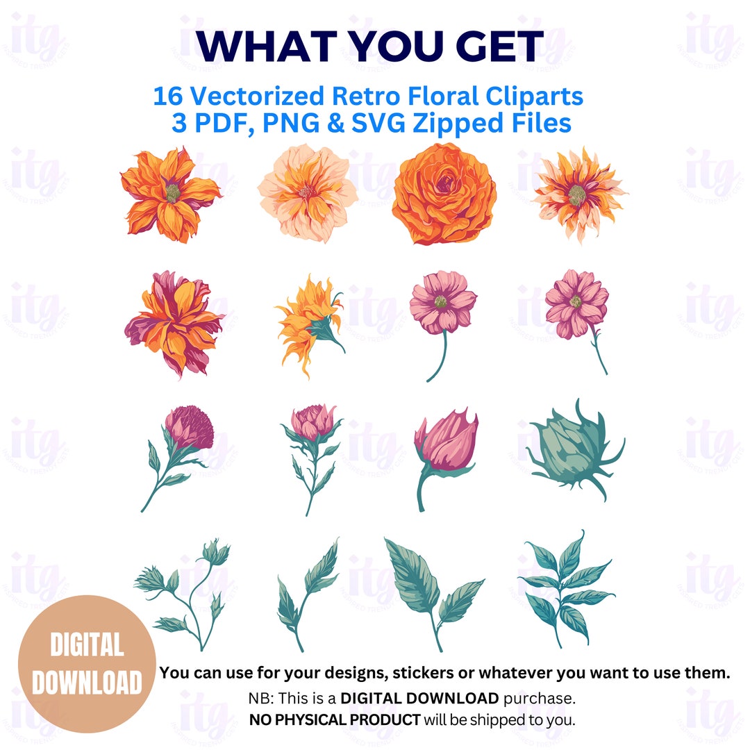 Retro Floral Clipart Bundle With 16 Individual Vintage or - Etsy