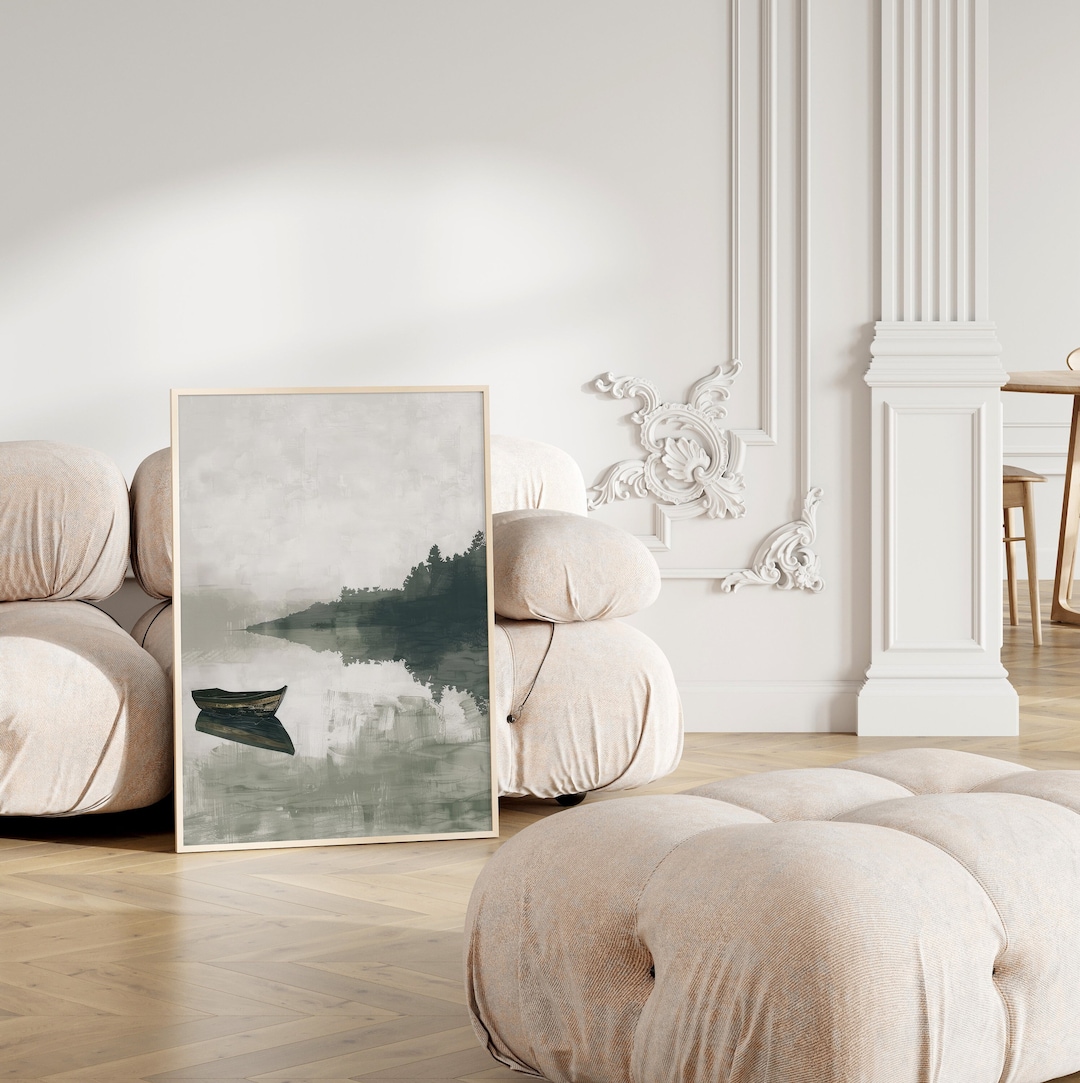 Lonely Boat at Sea: Abstract Wall Artwork Melancholic Poster Peace and ...