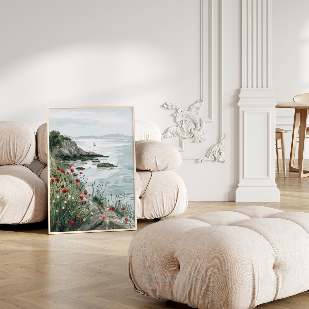 Sea View Poster With Flower Meadow Coastal Landscape Art Print Beach ...