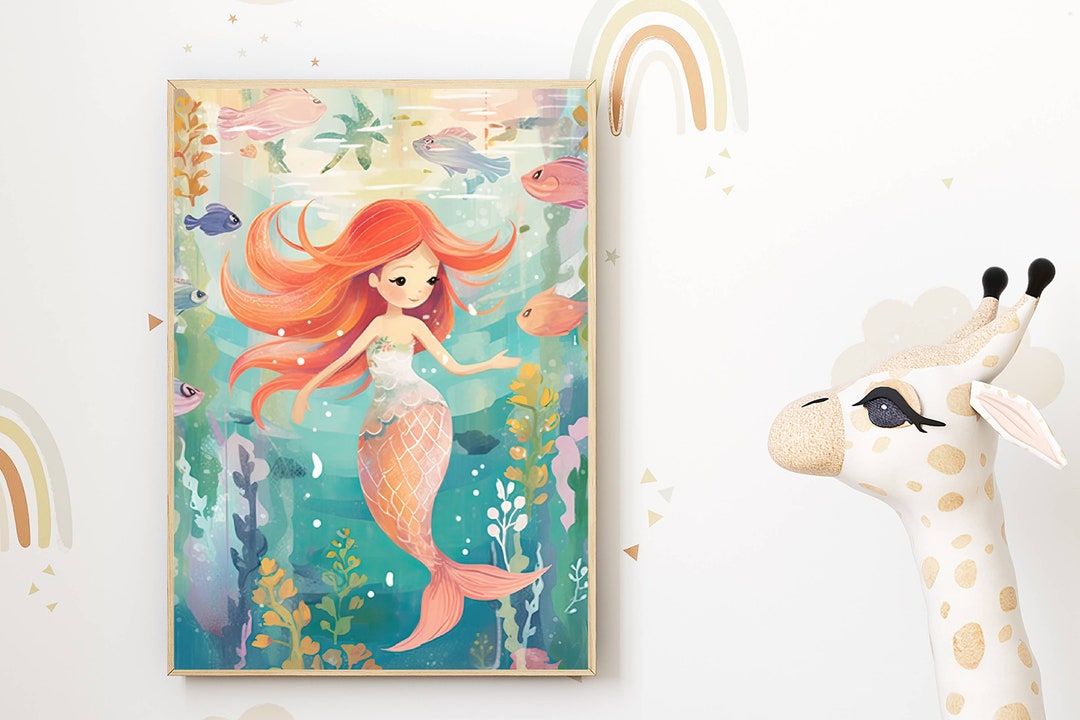 Cute Mermaid Poster, Underwater World Baby Room Wall Art Magical Kids ...