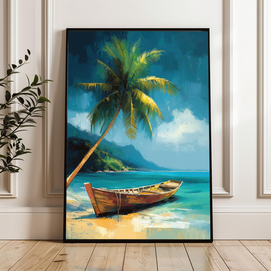 Beach Life Art for Living Room | Tropical Palm Boat Picture | Blue and ...
