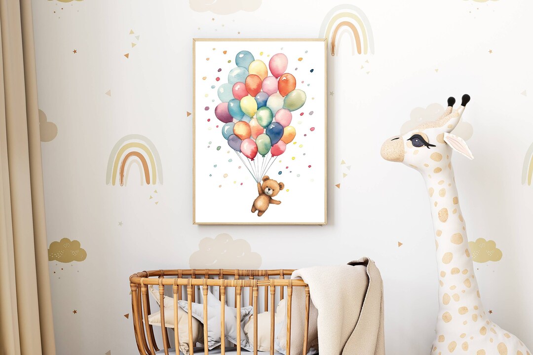 Colorful Teddy Bear Poster for Kids Room Air Balloon Wall Art Cute ...