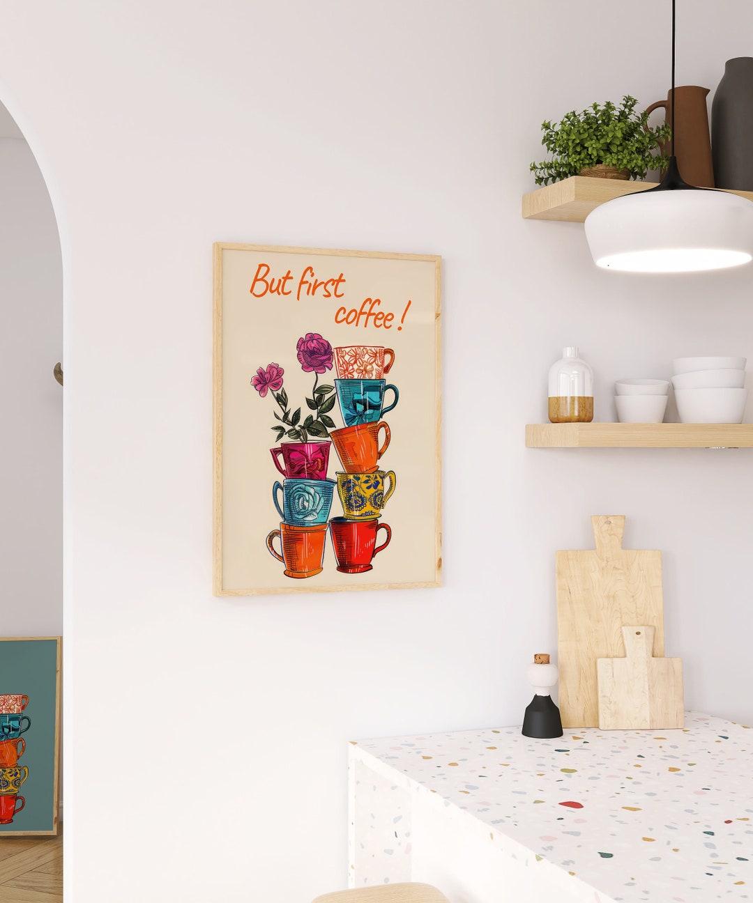 But First Coffee! Kitchen Decor Poster | Colorful Coffee Cups | Wall ...