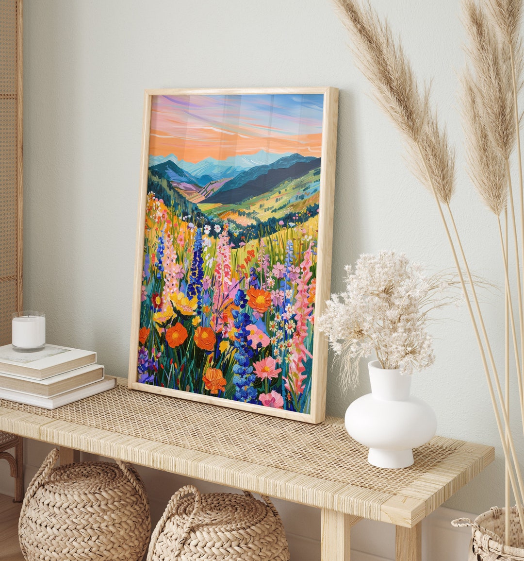 Colorful Wall Art: Landscape With Flowers and Mountains | Abstract ...