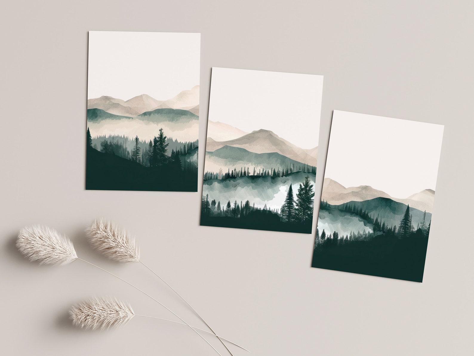 Berge Wald Tannen Poster 3er Set | Minimalistisches Wandbild in Grün ...