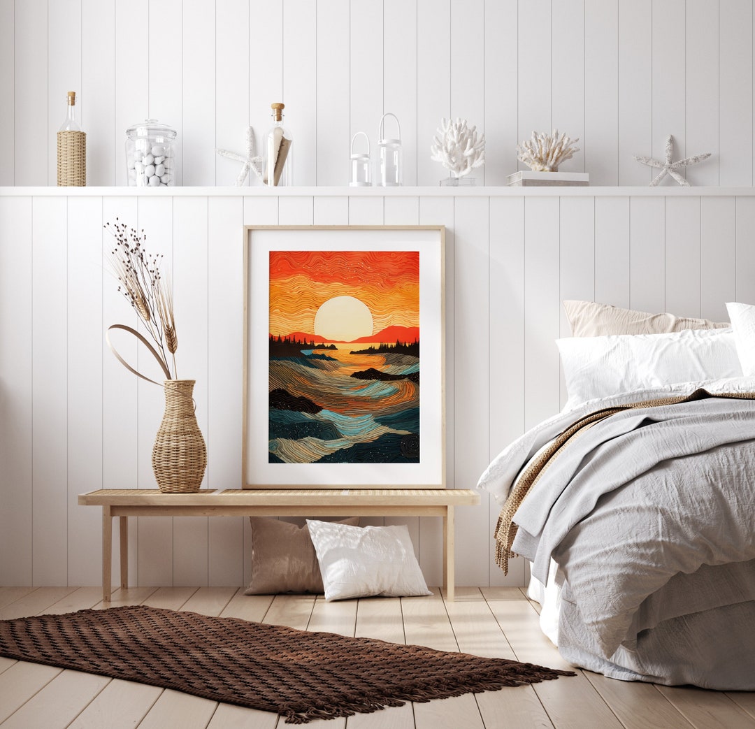 Modern Living Room Wall Art | Sunset Landscape Illustration | Warm ...