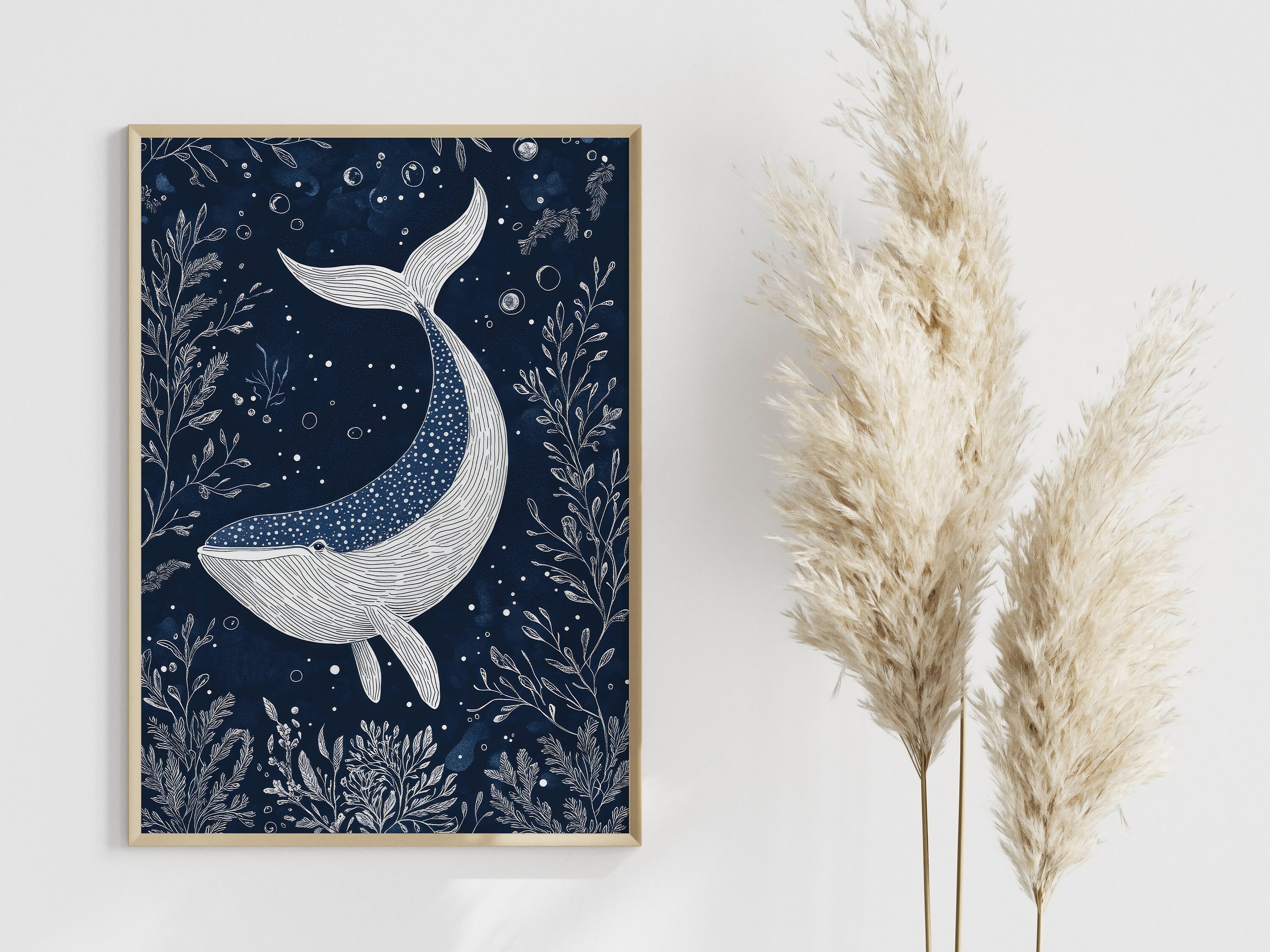 High-contrast Wall Art With a White Whale | Blue Wall Decoration ...