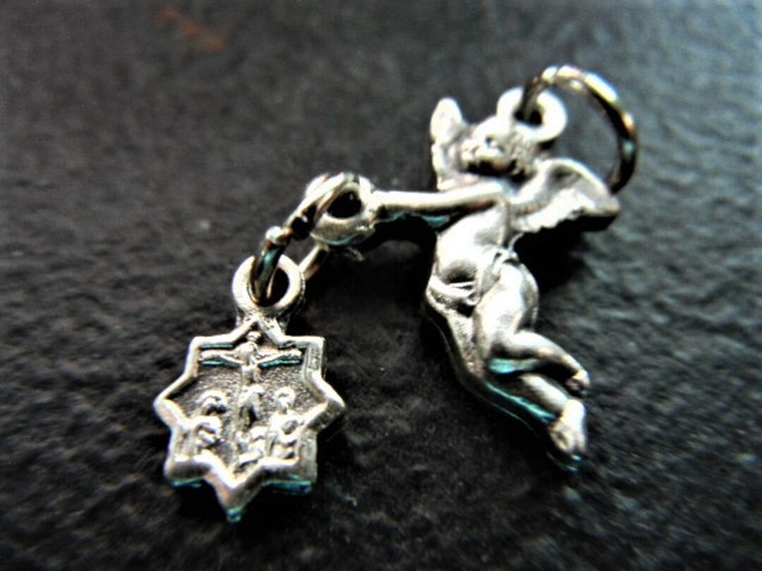 Angel Silhouette Medal With Dangling Crucifixion Scene 3/4" Tall Silver ...