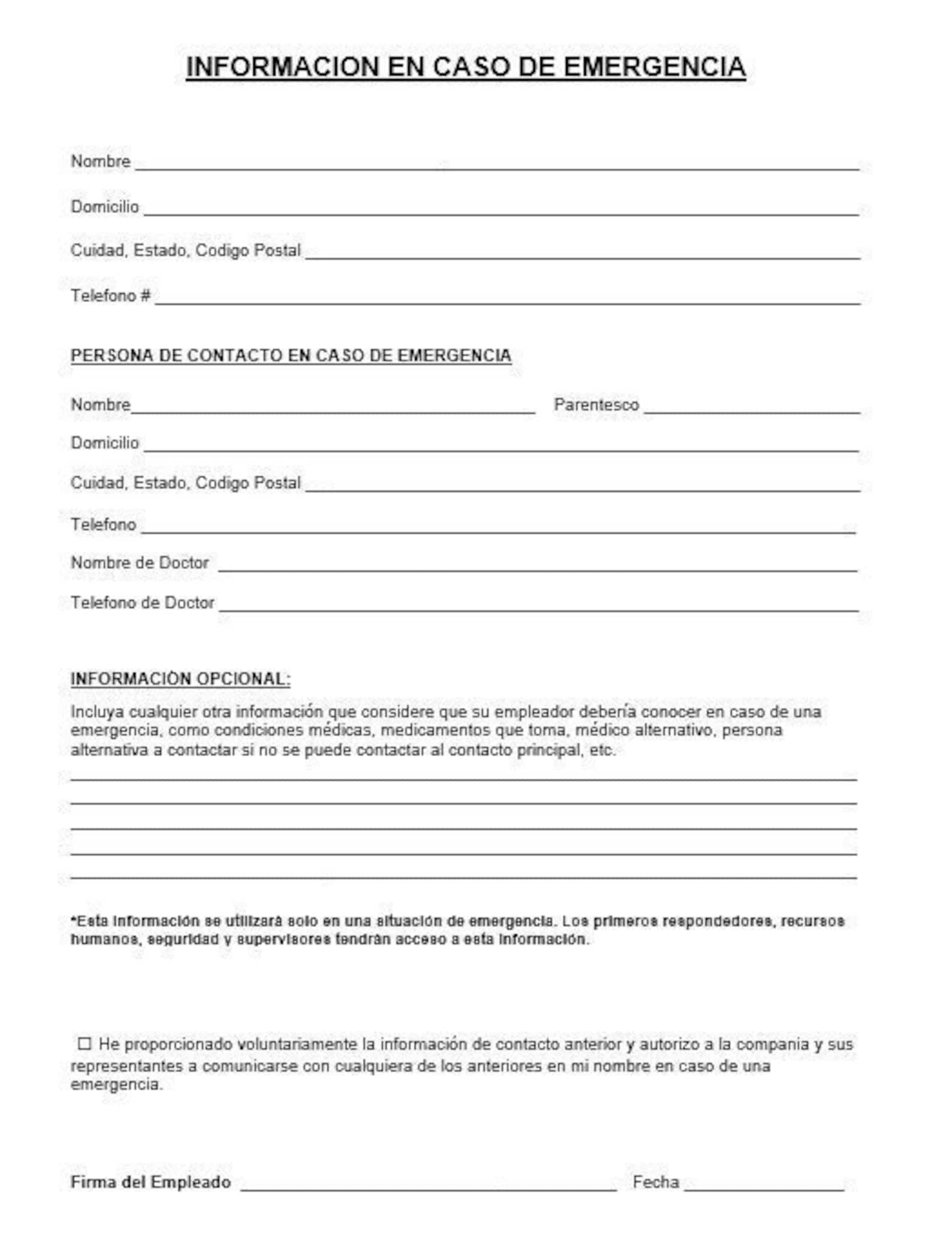 Emergency Contact Form (spanish) - Etsy