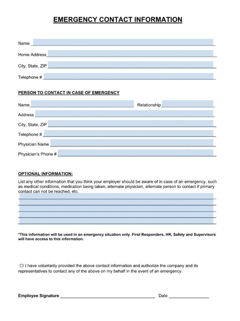 Emergency Contact Form (english) - Etsy