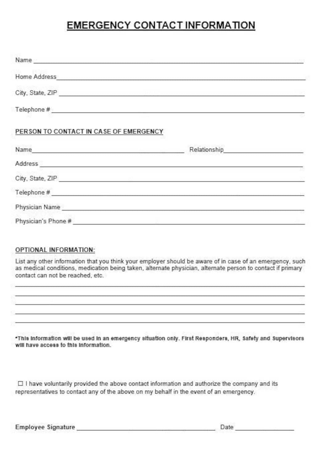 Emergency Contact Form (english) - Etsy