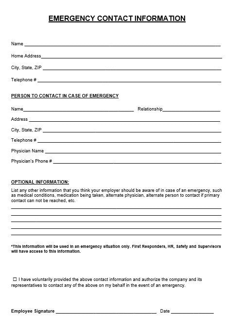 Emergency Contact Form (english) - Etsy