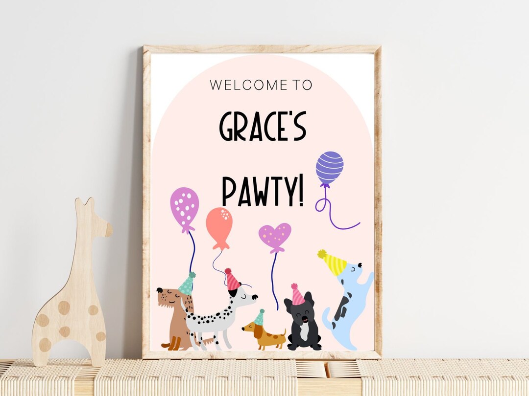 EDITABLE Dog Party Puppy Pawty Girls Pink Balloons Birthday Welcome ...