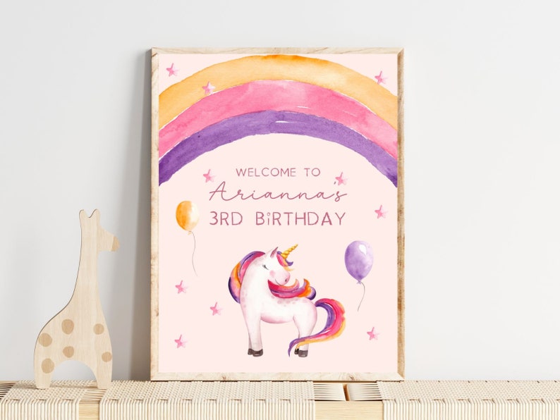 EDITABLE Unicorns Rainbow Girls Pink Balloons Tent Food Label First ...