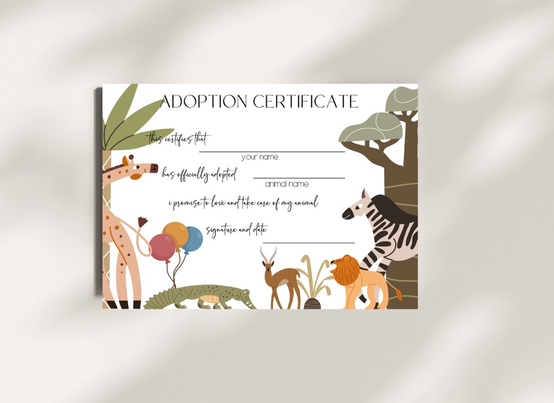 Wild One Adoption Certificate Printable Safari Animal Adoption ...