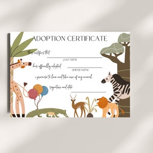 Wild One Adoption Certificate Printable Safari Animal Adoption ...