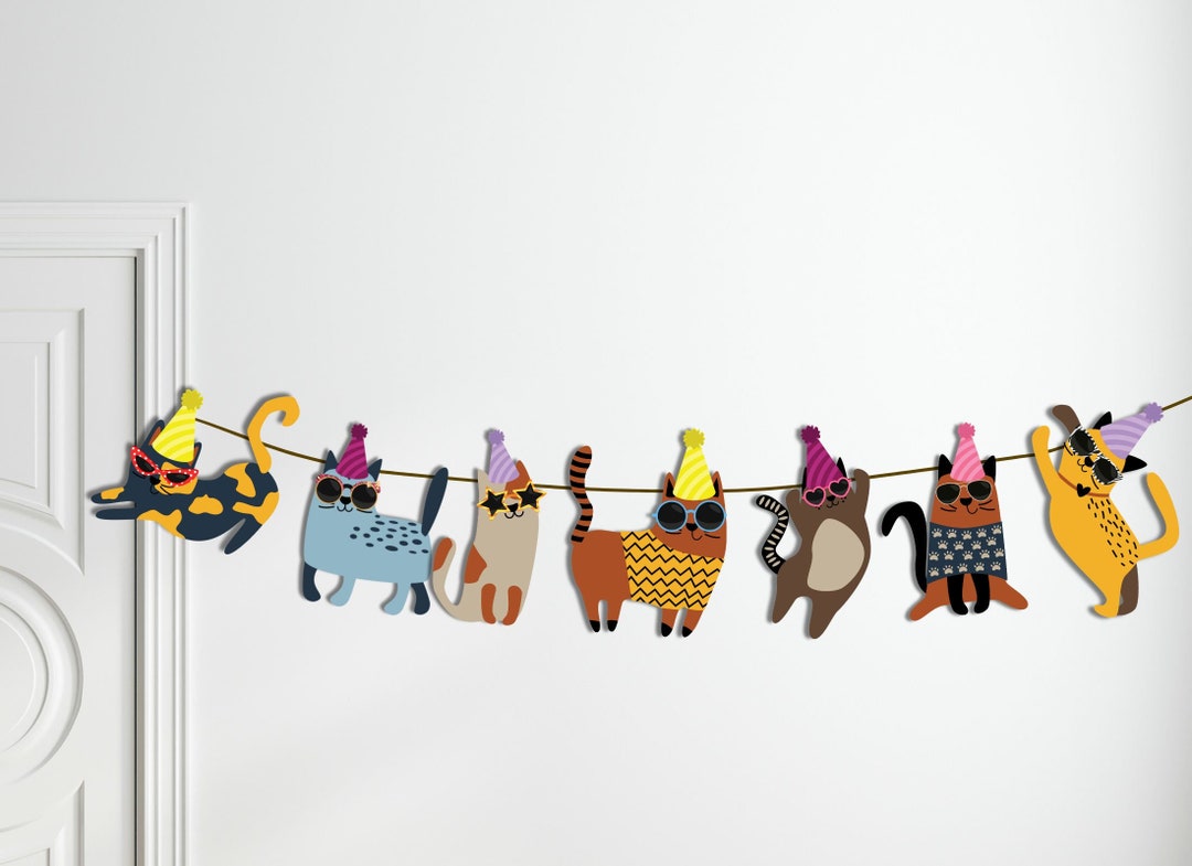 Cat Banner Bunting Kitty Cat Birthday Party Decor Girl Purple Pink ...