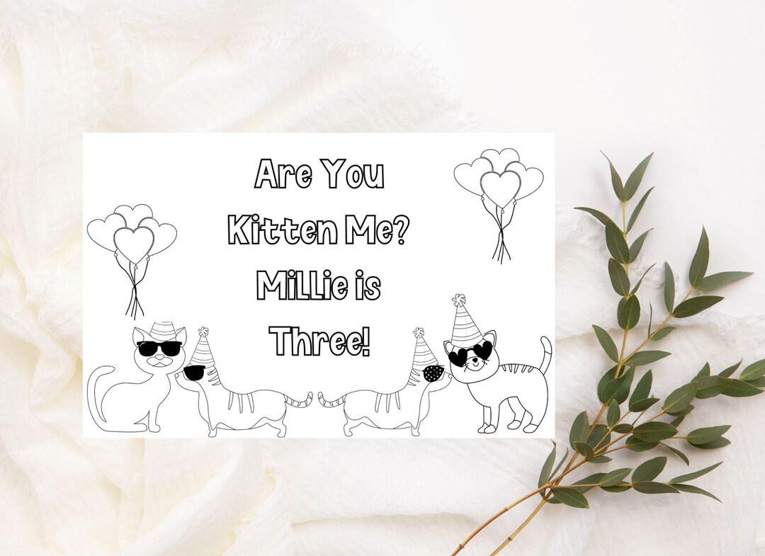 EDITABLE Cat Birthday Party Coloring in Placemat Kitty Cat Sunglasses ...