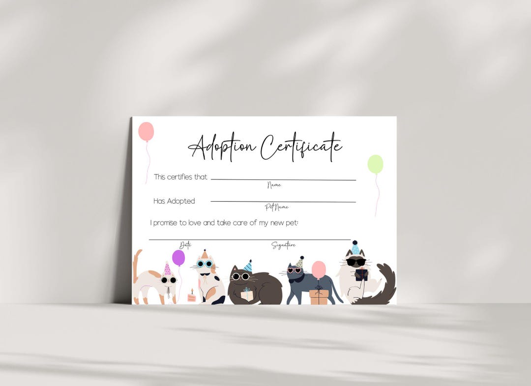 Printable Cat Adoption Certificate, Kitten Party Props, Pet Pawty ...